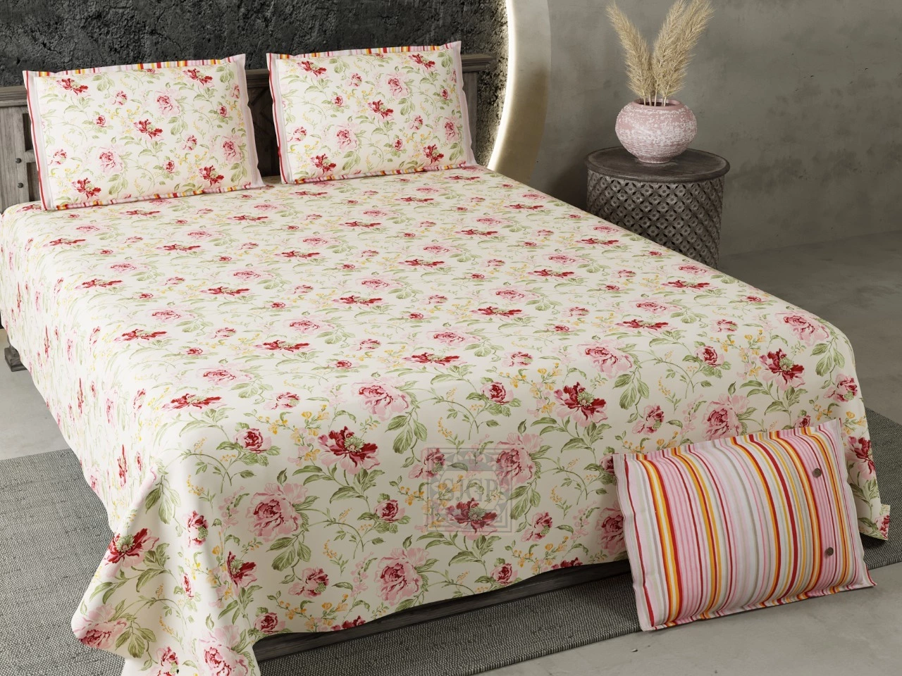 Shades of pastel peach and pink allover floral print on double bedsheet ...